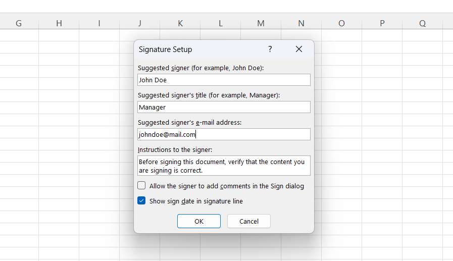 How to insert an electronic signature in Microsoft Excel