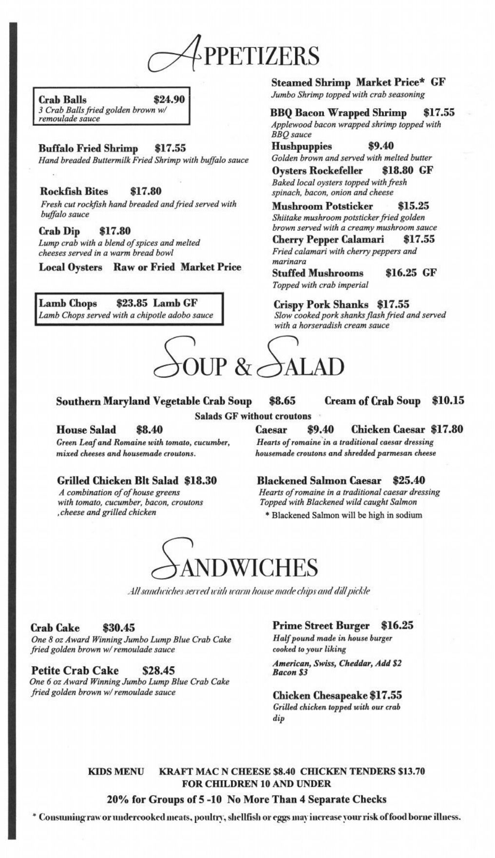 The Prime Street Grille Menu