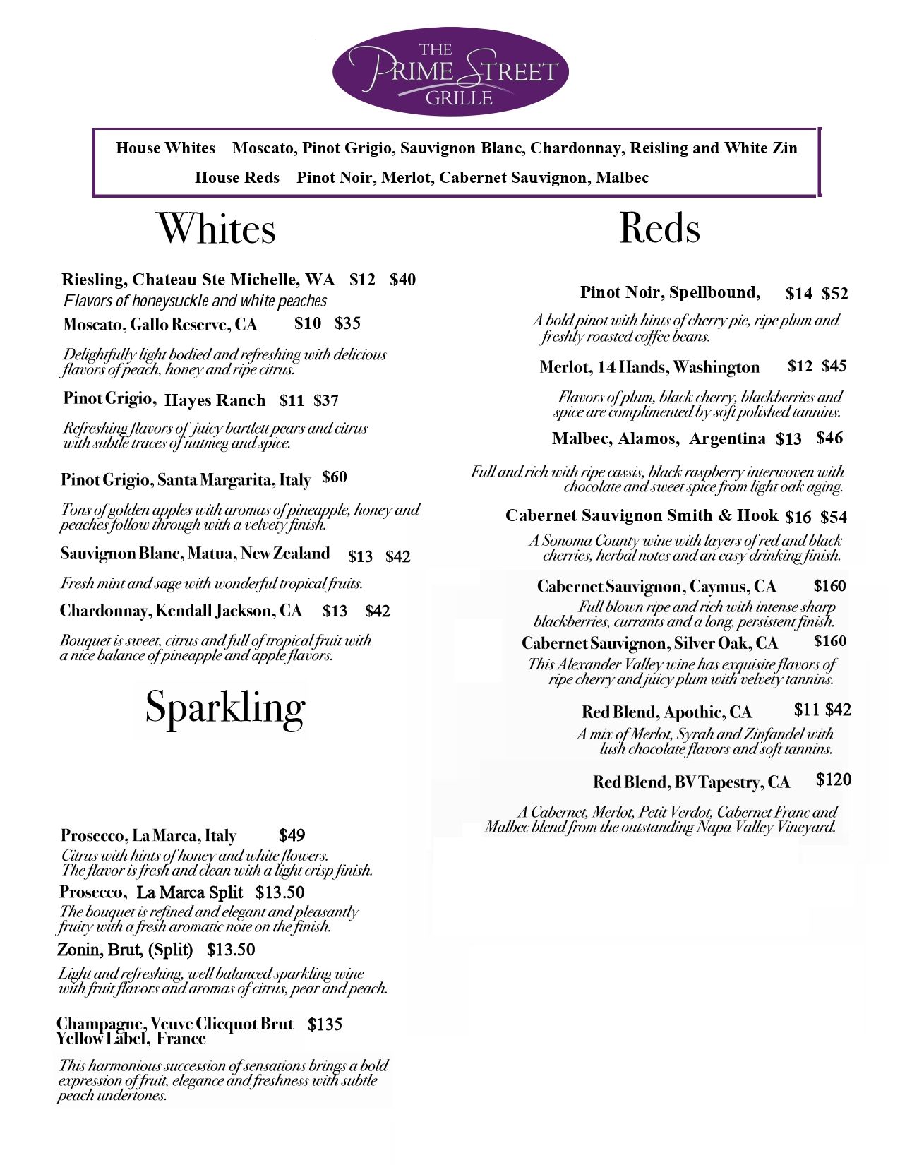 The Prime Street Grille Menu