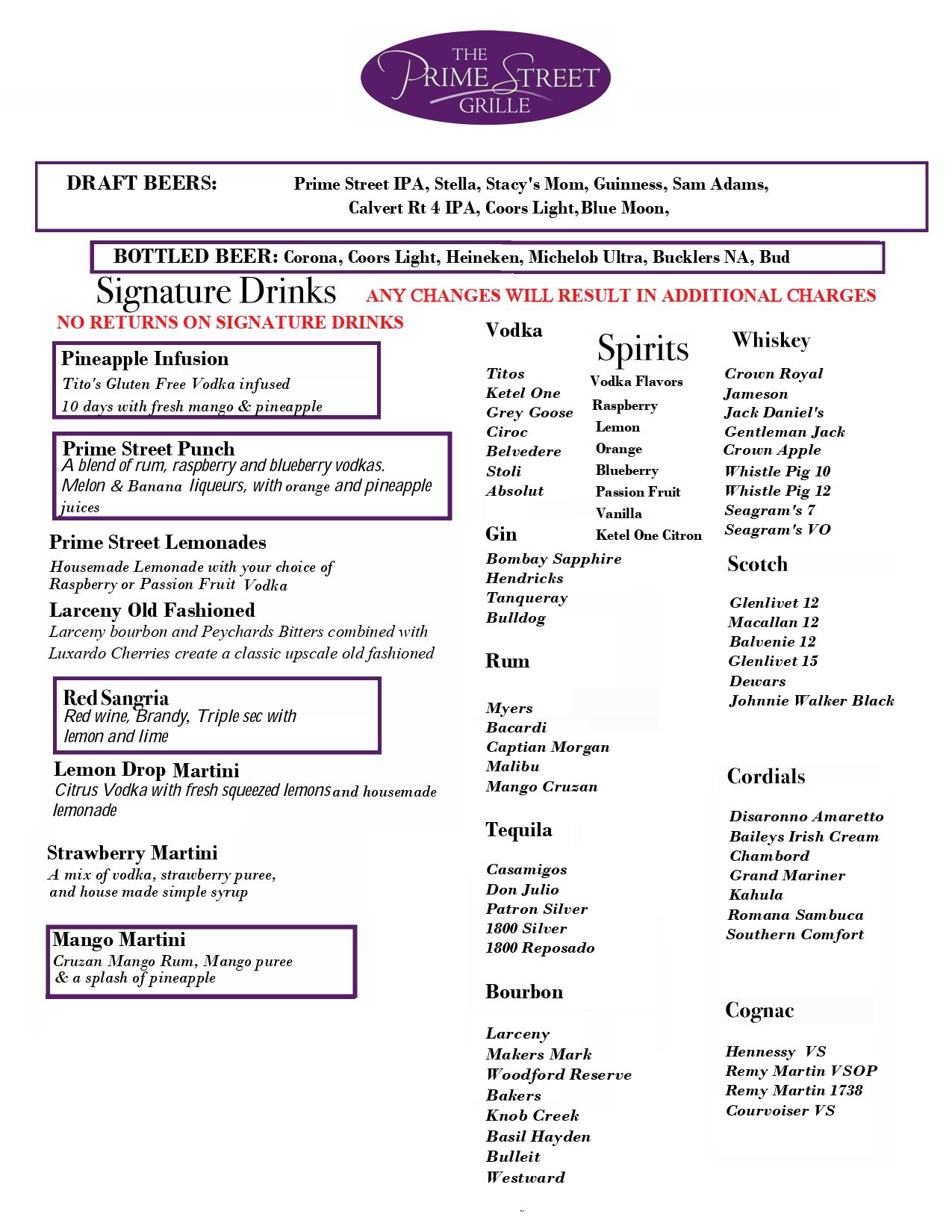 The Prime Street Grille Menu